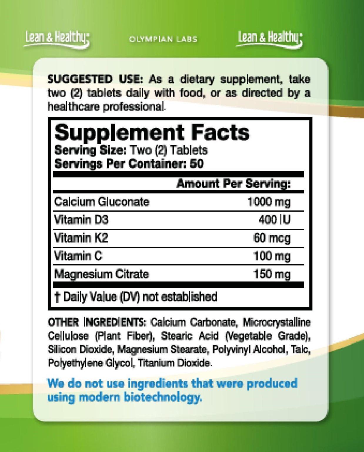 GREEN CALCIUM TABLETS with Vitamins D3, K2, & C | Olympian Labs